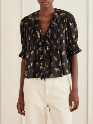 DÔEN Henri Ruffled Pintucked Floral-print Top