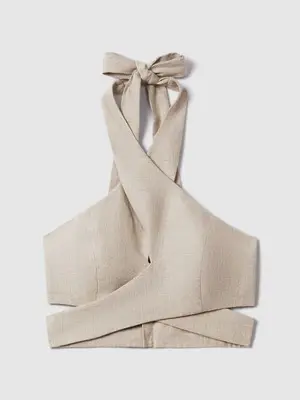 REISS Abigail Linen Halter Neck Crop Top