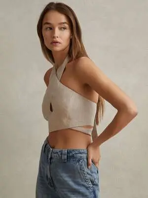 REISS Abigail Linen Halter Neck Crop Top