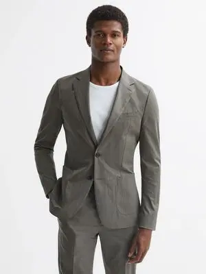 REISS Hatfield Single Breasted Technical Slim Fit Blazer - Khaki