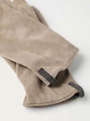 Brunello Cucinelli Suede Gloves With Monili Detail - Neutrals
