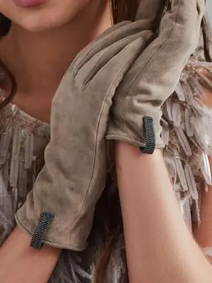 Brunello Cucinelli Suede Gloves With Monili Detail - Neutrals