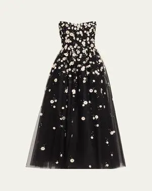 Monique Lhuillier Daisy Embroidered Tulle Cocktail Dress - Noir Multi |  Editorialist