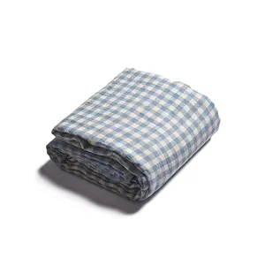 PIGLET IN BED Gingham Linen Blend Flat Sheet, King Warm Blue Gingham