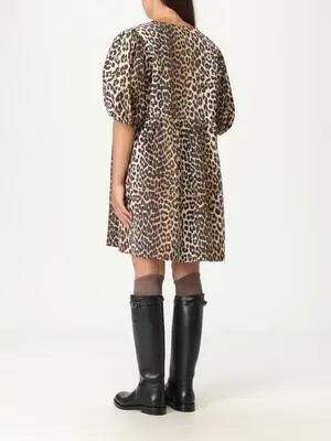 GANNI Leopard Print Puff Sleeve Dress - Brown