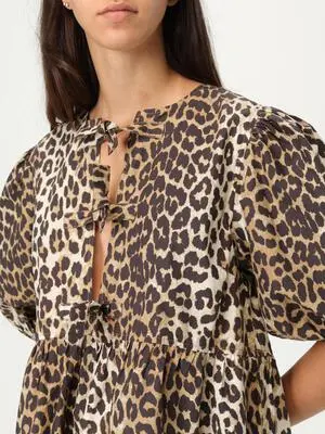 GANNI Leopard Print Puff Sleeve Dress - Brown