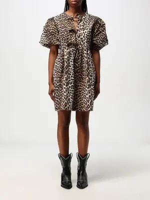 GANNI Leopard Print Puff Sleeve Dress - Multicolor