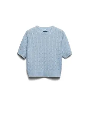 Prada Cable-knit Re-cashmere Short Sleeve Sweater - Light Blue