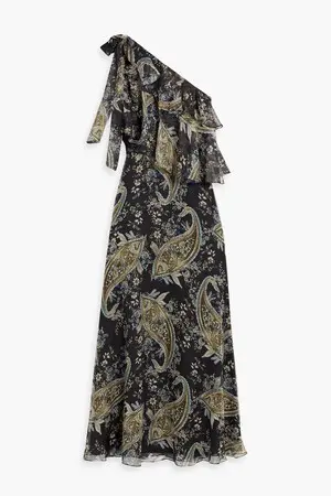 MIKAEL AGHAL Mikael Aghal One-Shoulder Printed Chiffon Maxi Dress - Black