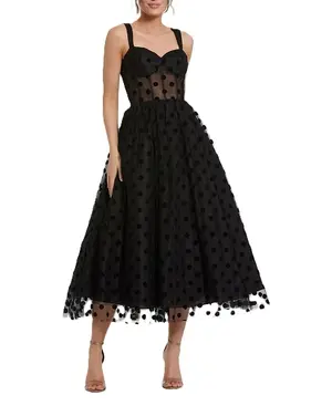 Mac Duggal Polka Dot Bustier A-line Midi Dress - Black