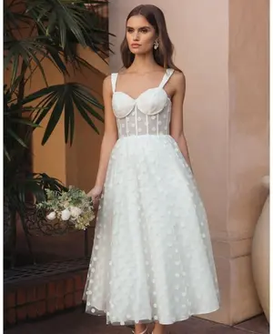 Mac Duggal Polka Dot Bustier A-line Midi Dress - Ivory