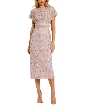 Mac Duggal Cap Sleeve Column Midi Dress With Floral Beading