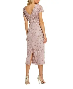 Mac Duggal Cap Sleeve Column Midi Dress With Floral Beading