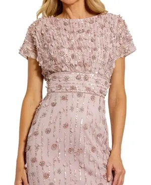 Mac Duggal Cap Sleeve Column Midi Dress With Floral Beading