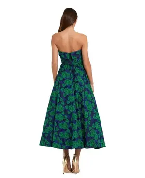 Mac Duggal Brocade Strapless A-line Midi Dress - Emerald Multi