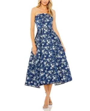 Mac Duggal Strapless Brocade Midi Dress - Blue Multi