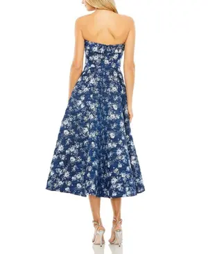 Mac Duggal Strapless Brocade Midi Dress - Blue Multi