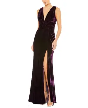 Mac Duggal Velvet Pleated Sleeveless Jersey Gown - Amethyst