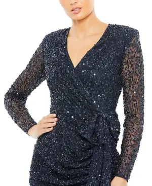 Mac Duggal Long Sleeve V-neck Sequined Gown With Slit