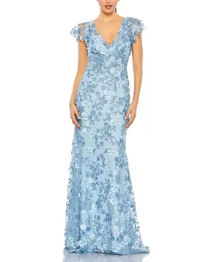 Mac Duggal Embroidered Applique Flutter Sleeve Gown - Blue
