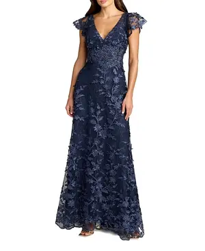 Mac Duggal Embroidered Applique Flutter Sleeve Gown - Midnight