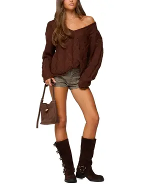 EDIKTED Inga Cable Knit Sweater - Brown