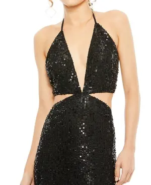 Mac Duggal Cut Out Halter Sequin Gown
