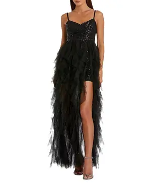 Mac Duggal Ieena Collection Sequin Mini Dress With High-low Ruffle Tiered Train