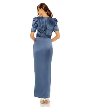 Mac Duggal Puff Sleeve Pleated Bodice Draped Gown