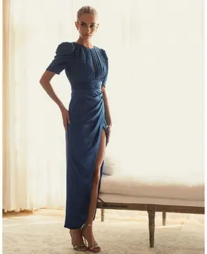 Mac Duggal Puff Sleeve Pleated Bodice Draped Gown