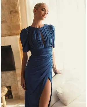 Mac Duggal Puff Sleeve Pleated Bodice Draped Gown
