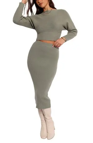 PETAL & PUP Serena Long Sleeve Crop Sweater & Skirt Set - Olive