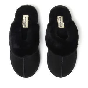 DEARFOAMS Fireside Melton Genuine Shearling Platform Scuff Slipper - Black