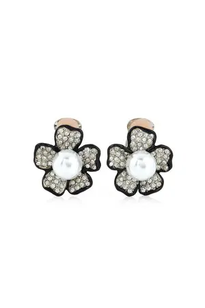 KENNETH JAY LANE Pearl Center Flower Clip Earrings - Black