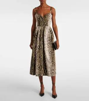 Oscar De La Renta Snake-effect Cotton-blend Poplin Gown - Grey
