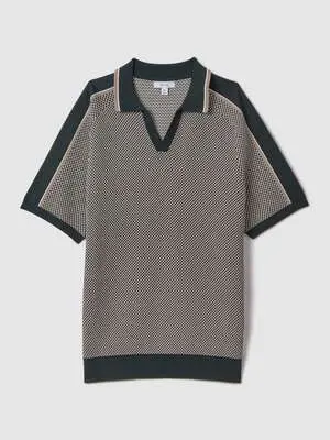 REISS Brunswickhunting Geometric Design Knitted Open Collar Shirt
