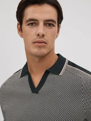 REISS Brunswickhunting Geometric Design Knitted Open Collar Shirt