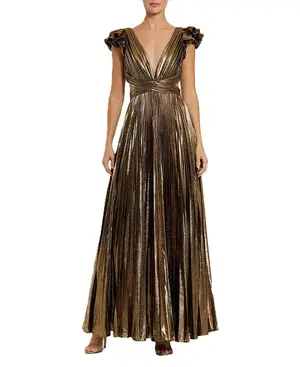 Mac Duggal Ruffle Sleeve Cutout Pleated Metallic Gown - Antique Gold