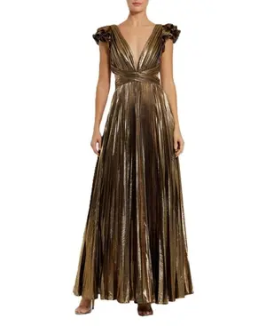 Mac Duggal Ruffle Sleeve Cutout Pleated Metallic Gown - Antique Gold