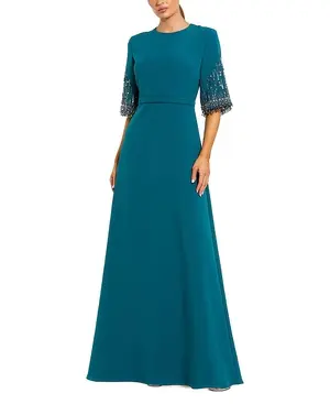 Mac Duggal Crepe A-line Gown With Beaded Sleeves - Ocean