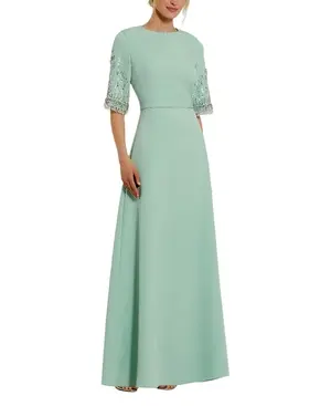 Mac Duggal Crepe A-line Gown With Beaded Sleeves - Sage