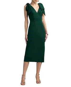 Mac Duggal Mac Duggal Bow Strap Crepe Fitted Midi Dress Emerald