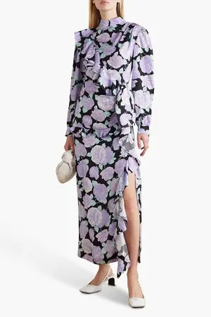 Miu Miu Crystal-embellished Ruffled Floral-print Silk-jacquard Maxi Dress