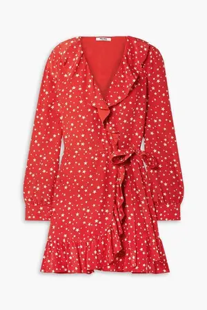 Miu Miu Ruffled Printed Silk-crepe Mini Wrap Dress