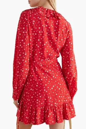 Miu Miu Ruffled Printed Silk-crepe Mini Wrap Dress