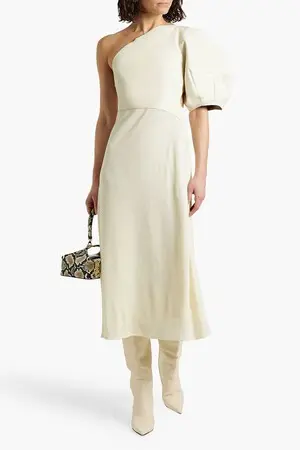 Chloé One-sleeve Leather And Ribbed Wool Midi Dress