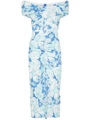Diane Von Furstenberg Floral-print Ruched Bardot Midi Dress