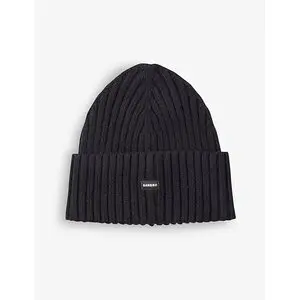 Sandro Logo-patch Ribbed Knitted Beanie Hat - Noir / Gris