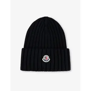 Moncler Ribbed Wool Knitted Beanie With Appliqu - Black