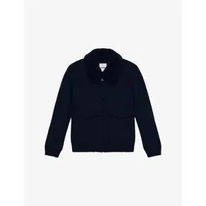 Sandro Wool-blend Aviator Jacket With Shearling Collar - Bleus